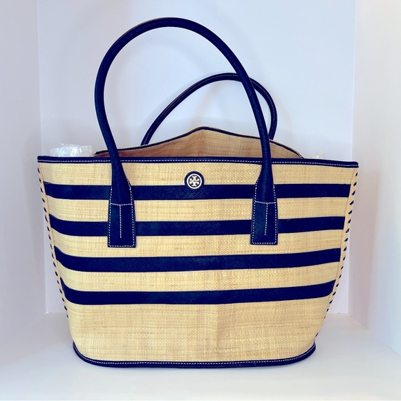 Tory Burch | Bags | Tory Burch Leather Trimmed Straw Handle Tote Bag ...